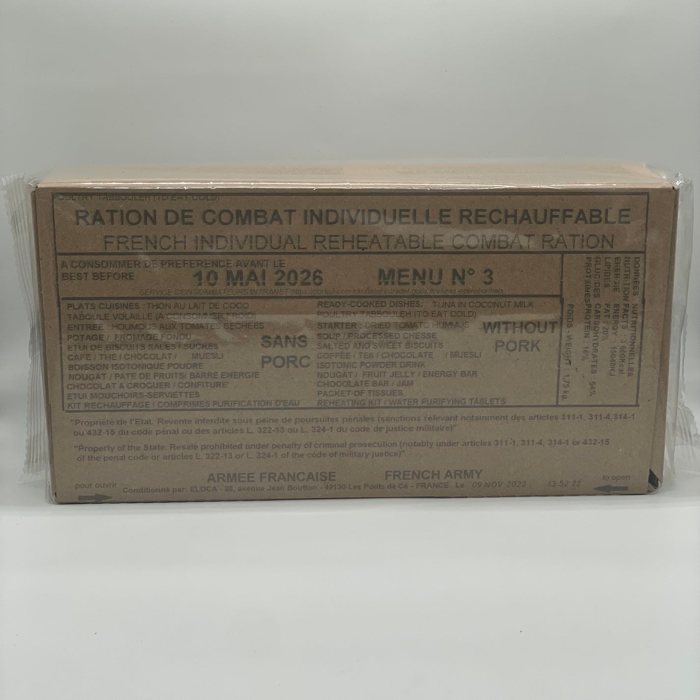 French Armed Forces 24 Hour RCIR MRE Ration Pack (Menu 3) – MRE Europe